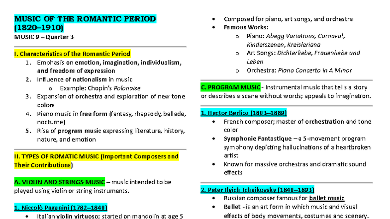 MUSIC 9: Characteristics and Key Composers of the Romantic Period - Studocu