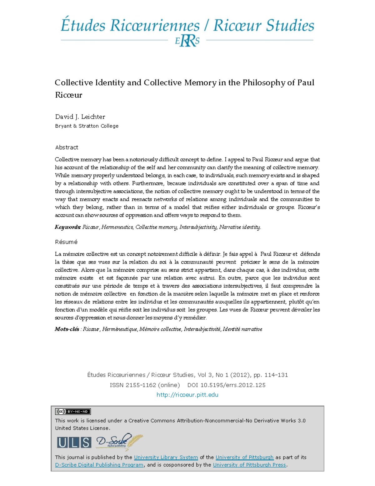 Collective Memory and Identity in Paul Ricœur's Philosophy (PHIL 301 ...