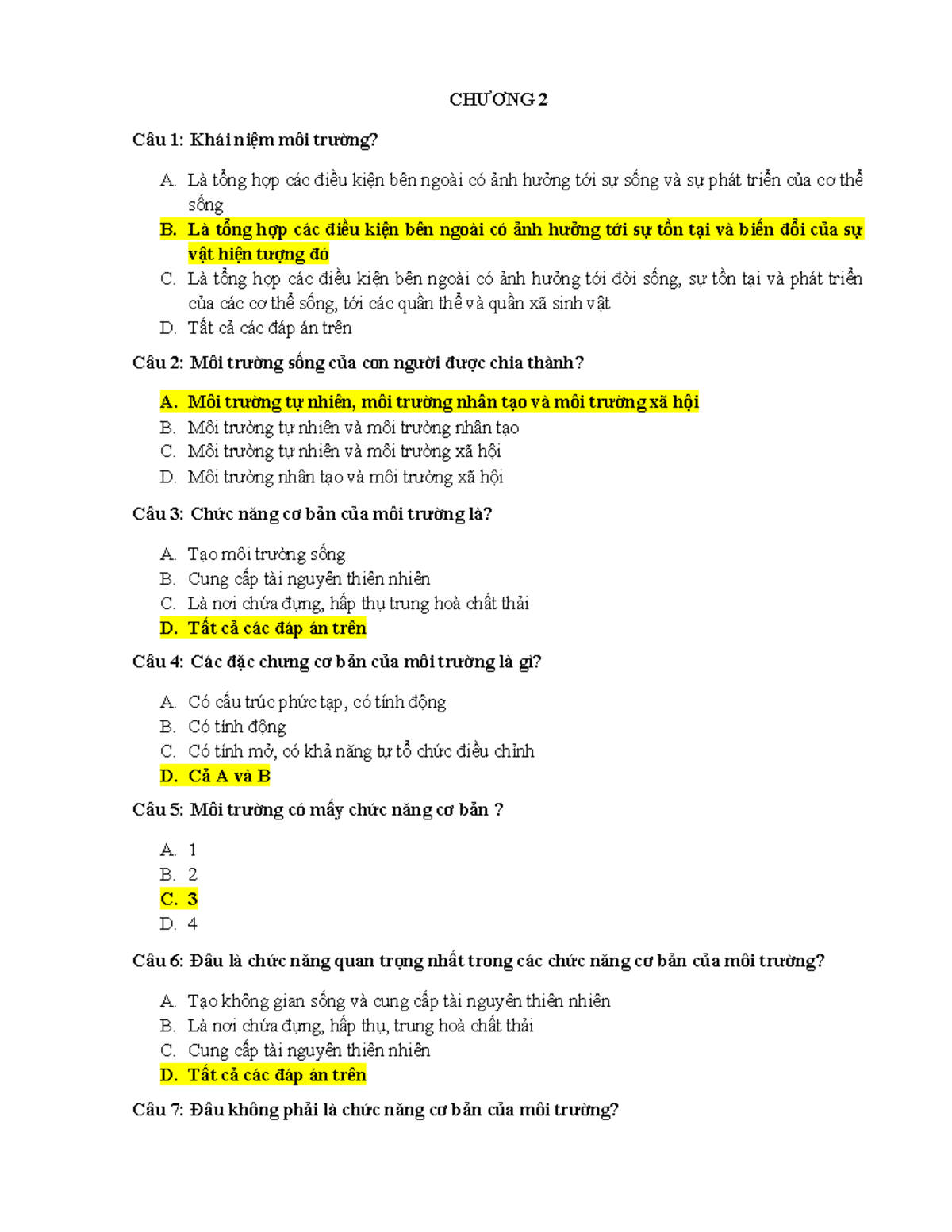 KTMT - Ktmt - CHƯƠNG 2 Câu 1: Khái niệm môi trường? A. Là tổng hợp các ...
