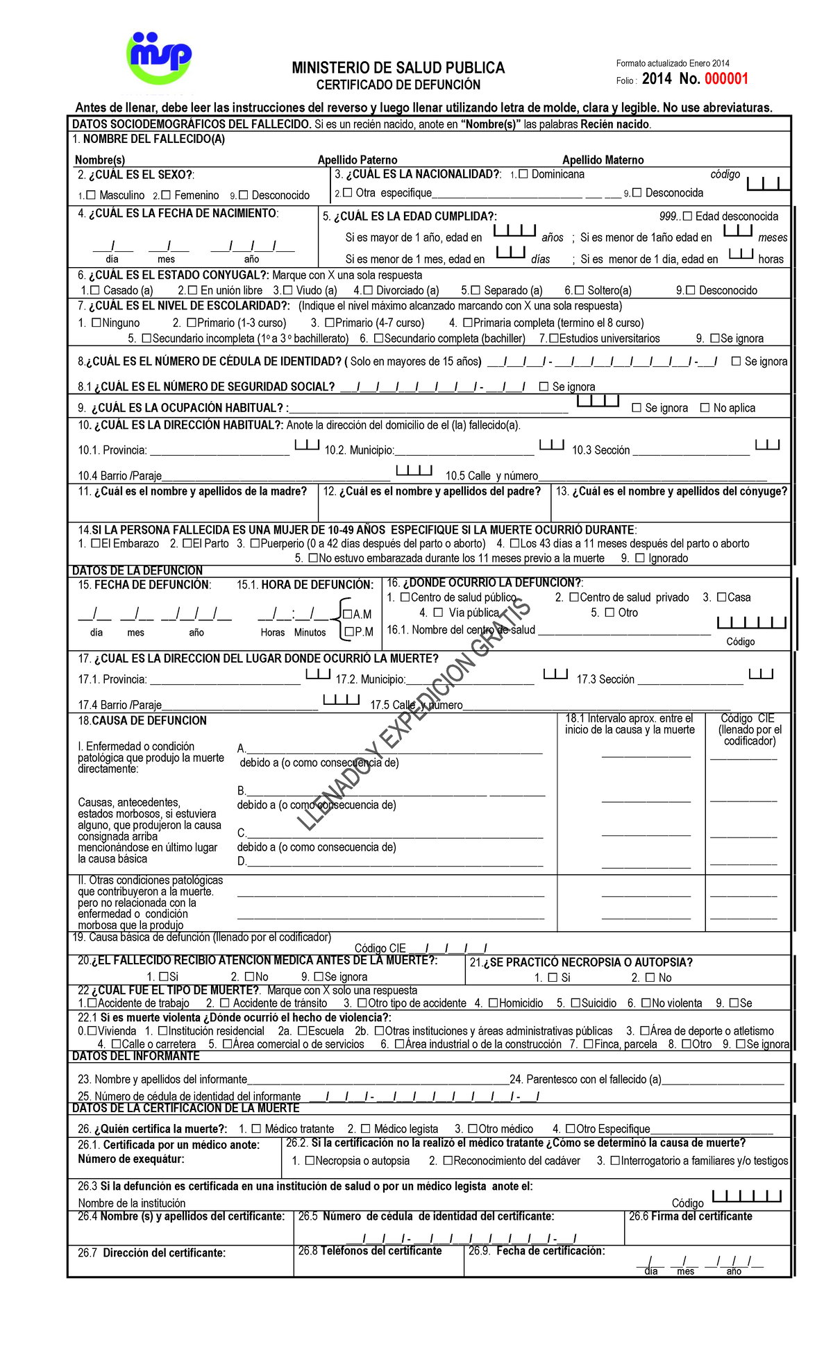 Certificado de Defunción - Formato Actualizado 2014 - Studocu