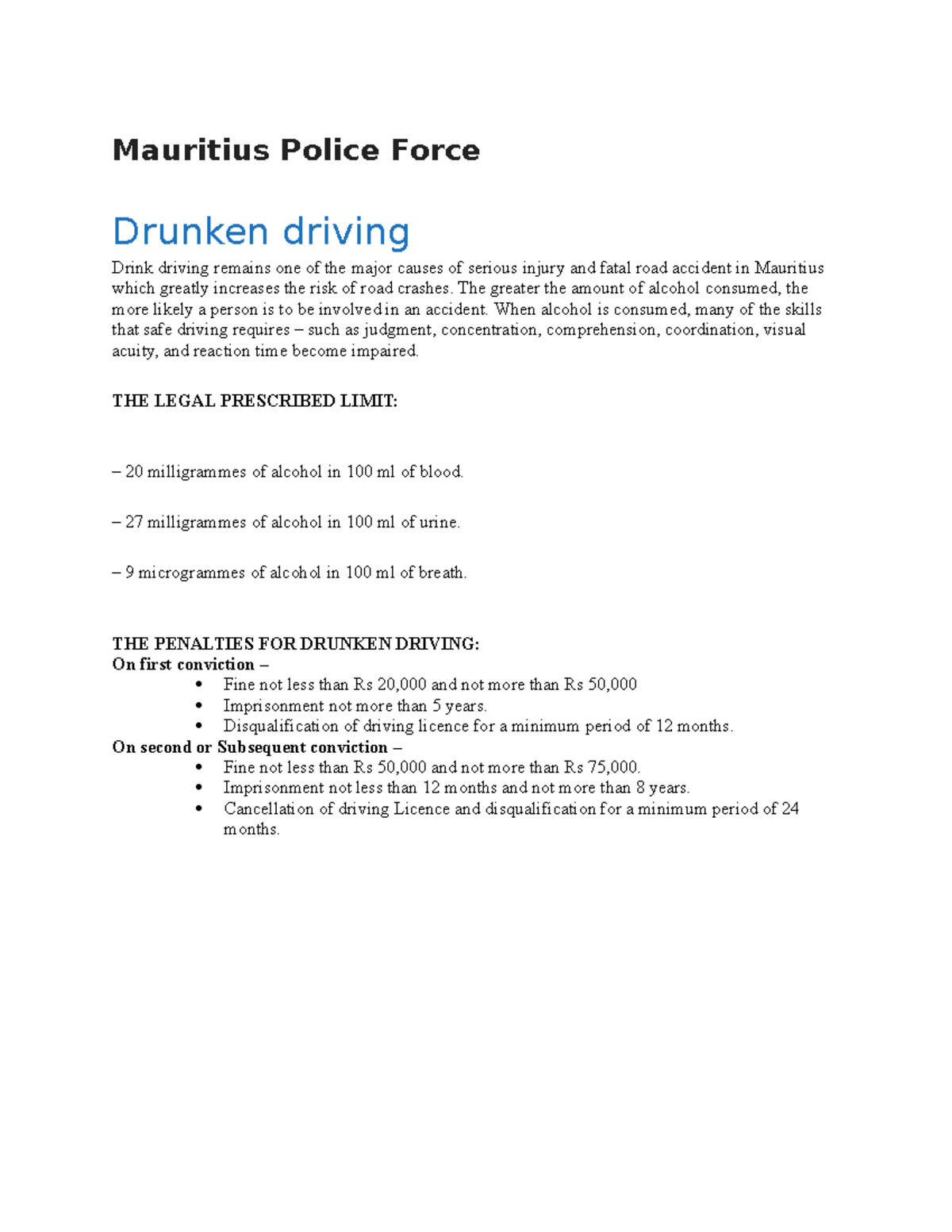 Mauritius Police Force: Impact of Drunken Driving & Legal Consequences ...