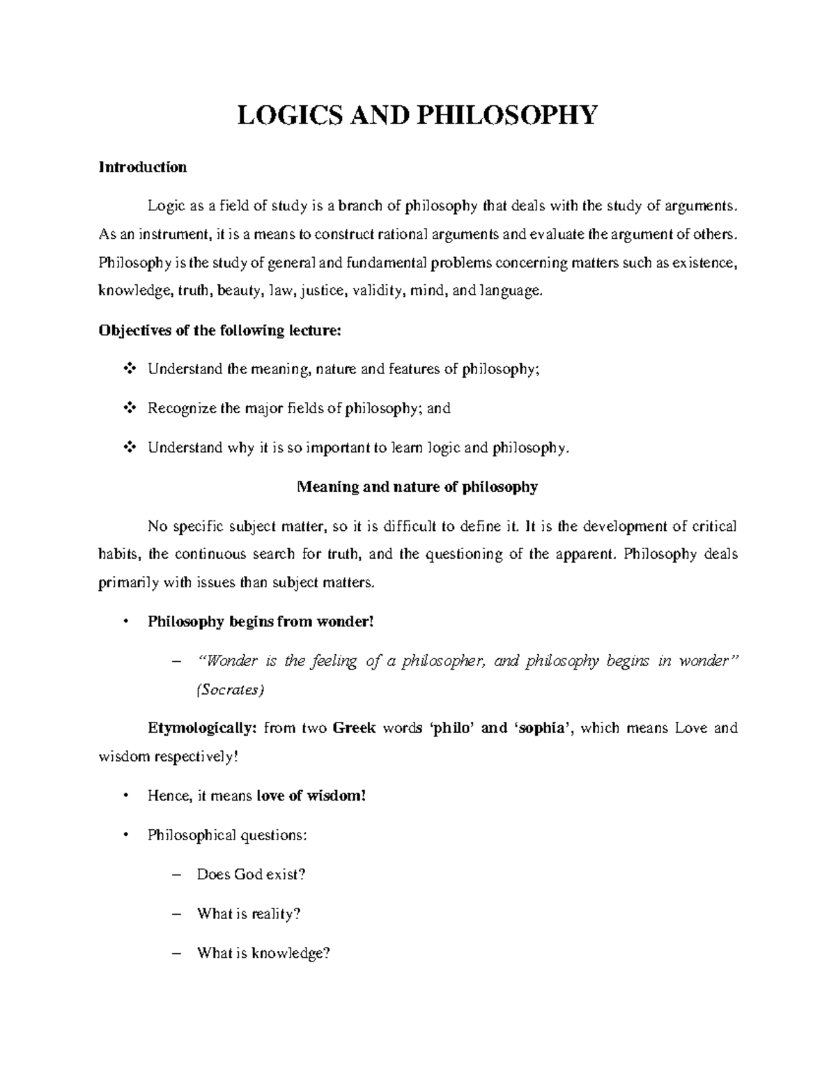 Logics AND Philosophy - Lecture notes 1 - LOGICS AND PHILOSOPHY ...