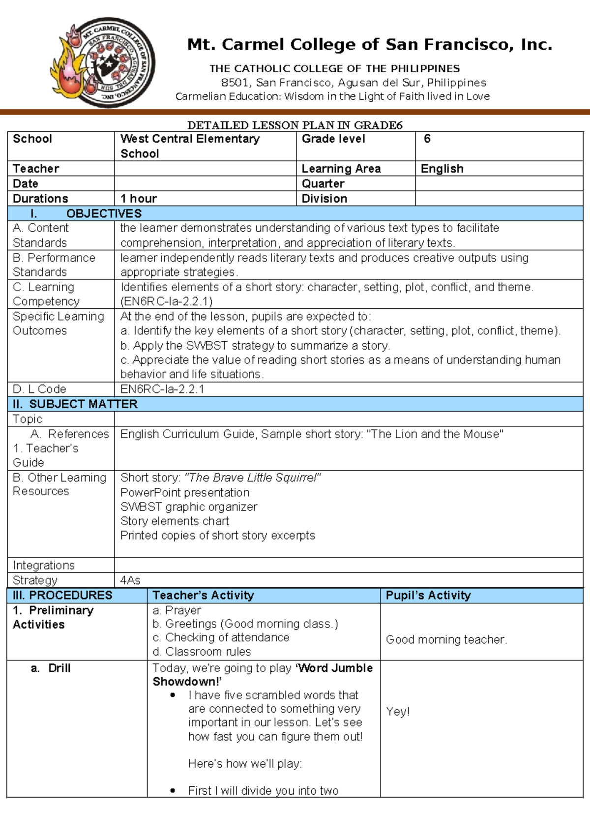 Detailed Lesson Plan in Grade 6 English: Elements of a Short Story ...