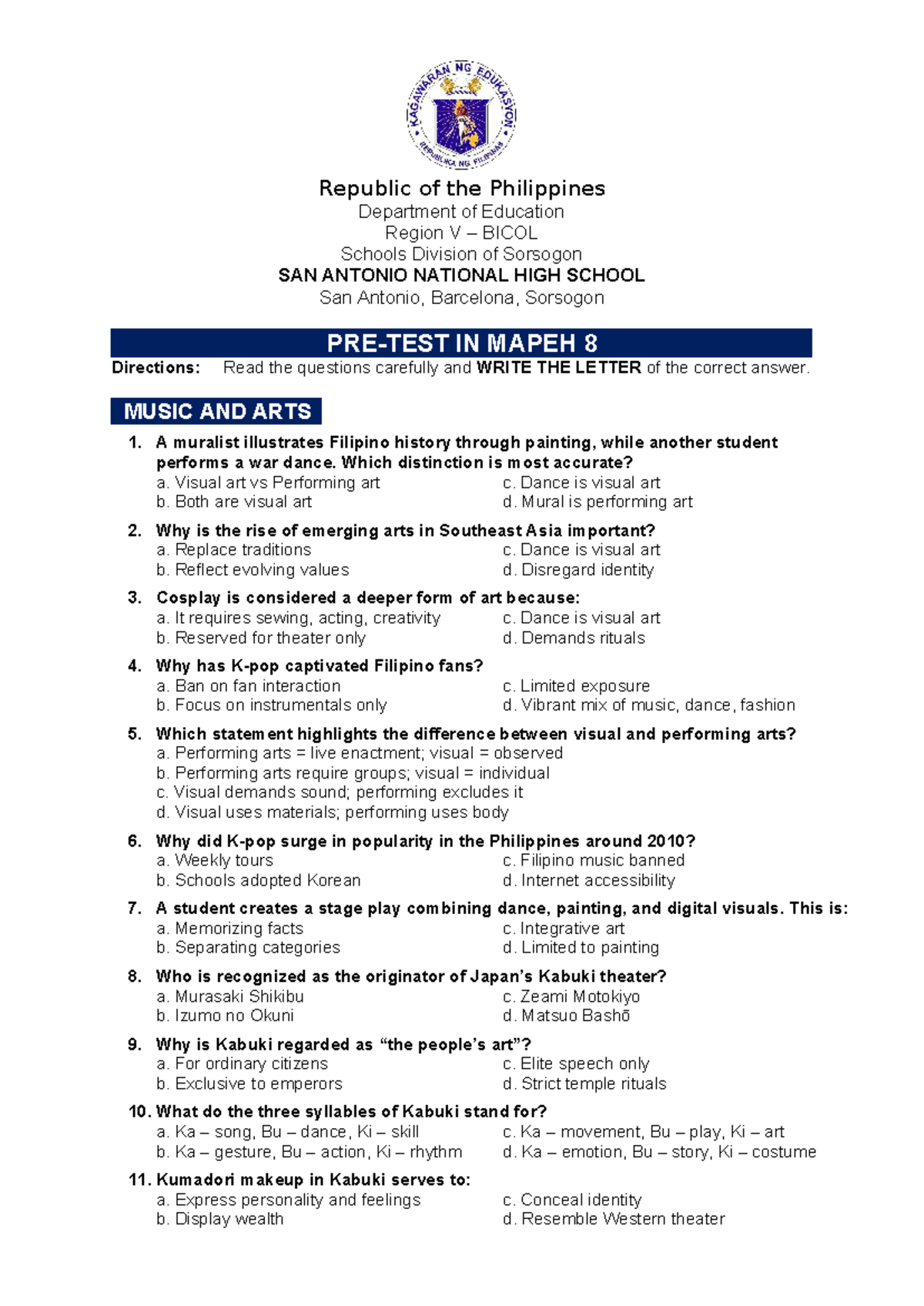 Pretest - G8 - MAPEH 8 Music and Arts Exam Questions - Studocu