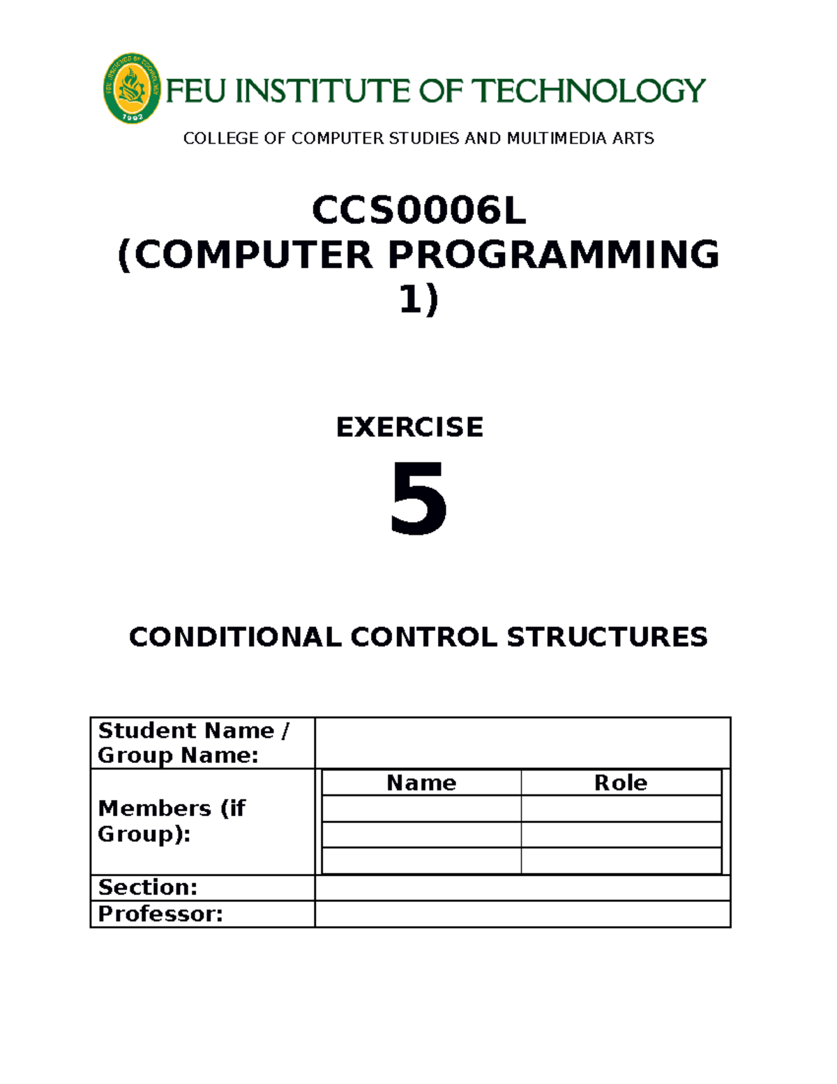 CCS0006L Exercise 5: C++ Conditional Control Structures Guide - Studocu