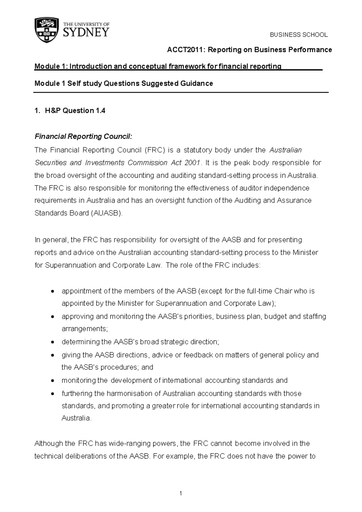 Module 1 Self Study Questions Guidance - BUSINESS SCHOOL ACCT2011: Reporting on Business ...