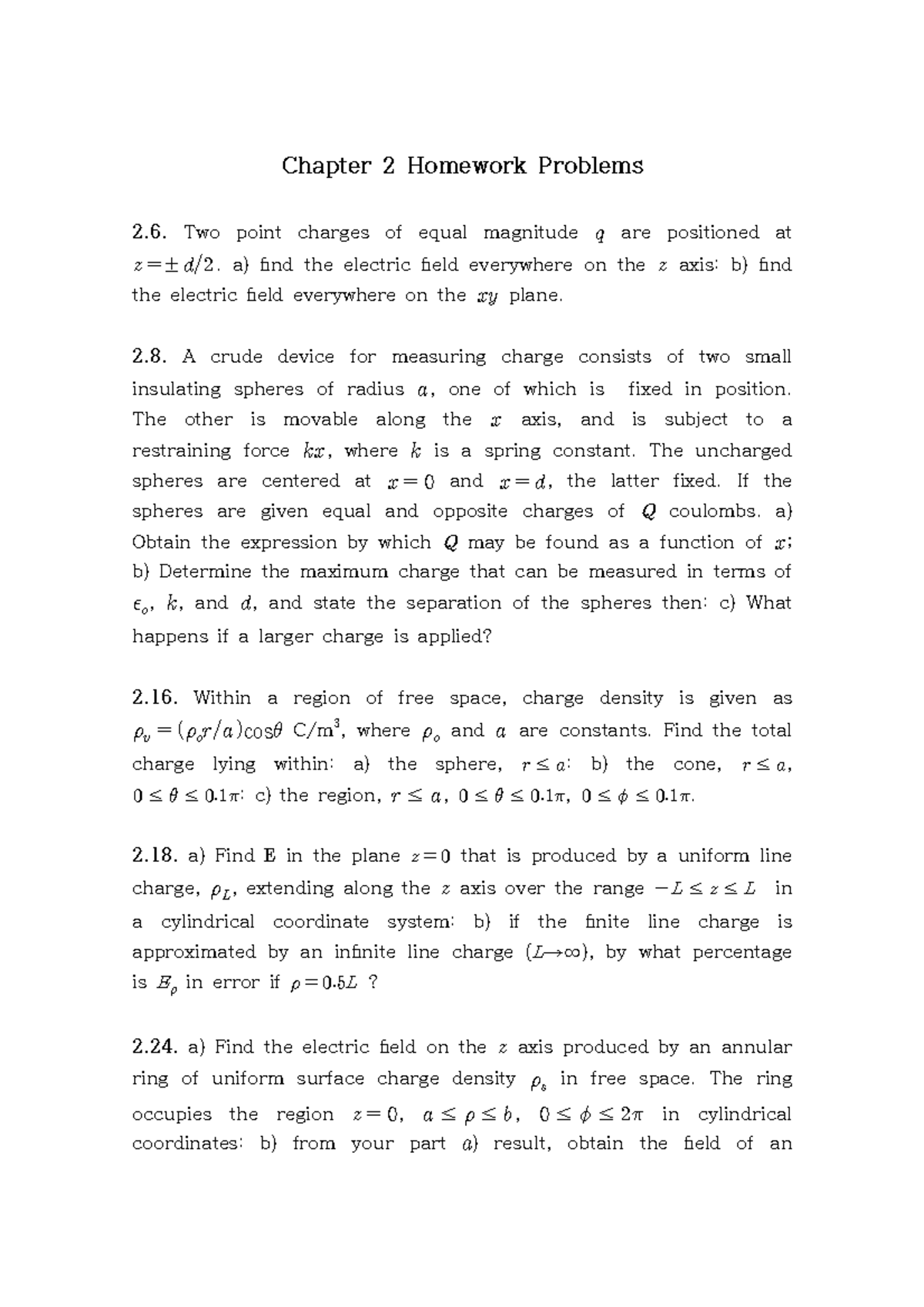 Chapter+2+Homework+Problems - Chapter 2 Homework Problems 2. Two point charges of equal ...