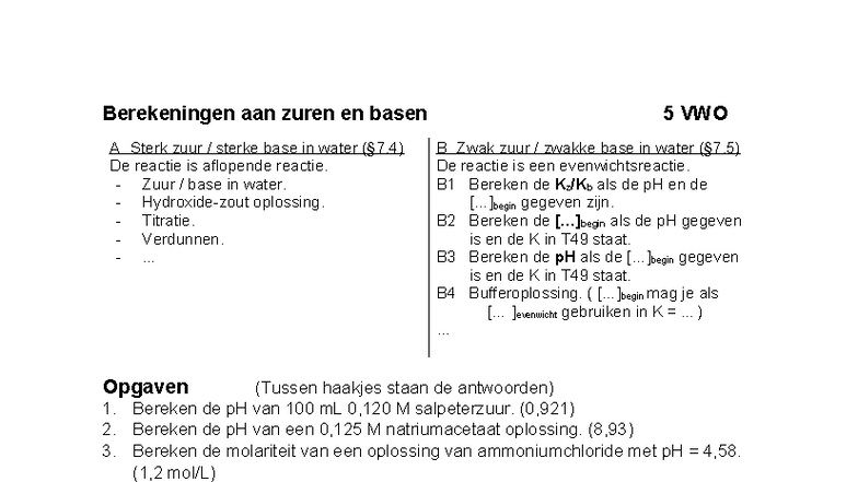 Berekeningen aan Zuren en Basen A (5 VWO) met Uitwerkingen - Studeersnel