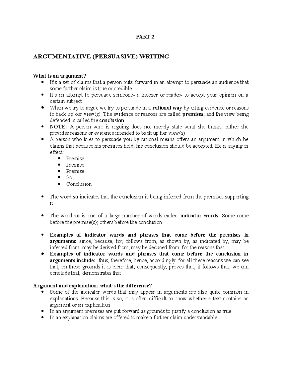 PART 2 Argumentantive Writng - PART 2 ARGUMENTATIVE (PERSUASIVE ...