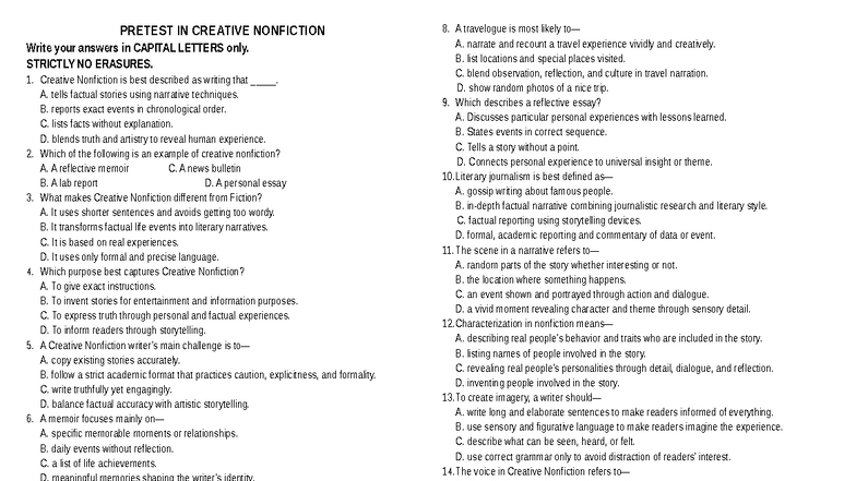 CNF PRE-TEST - Creative Nonfiction Diagnostic Assessment - Studocu