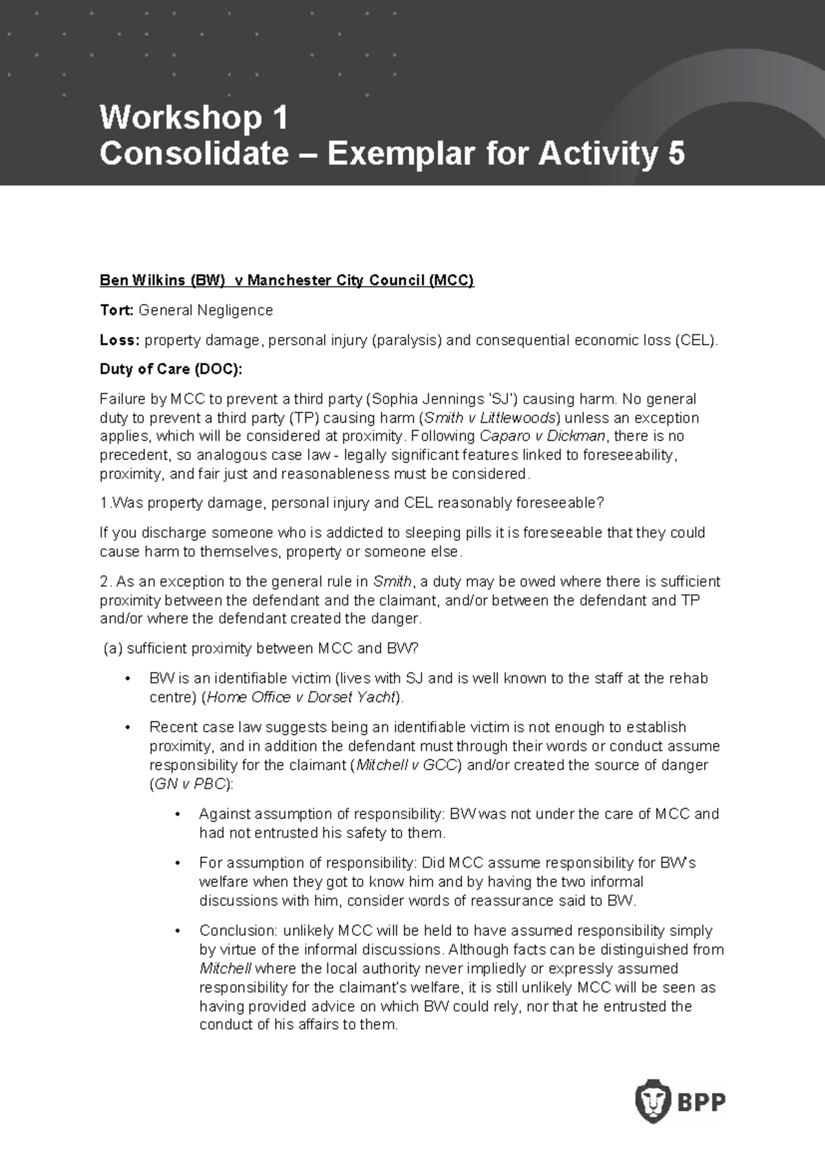 W1 Consolidate Exemplar for Activity 5: Tort Law Analysis - Studocu