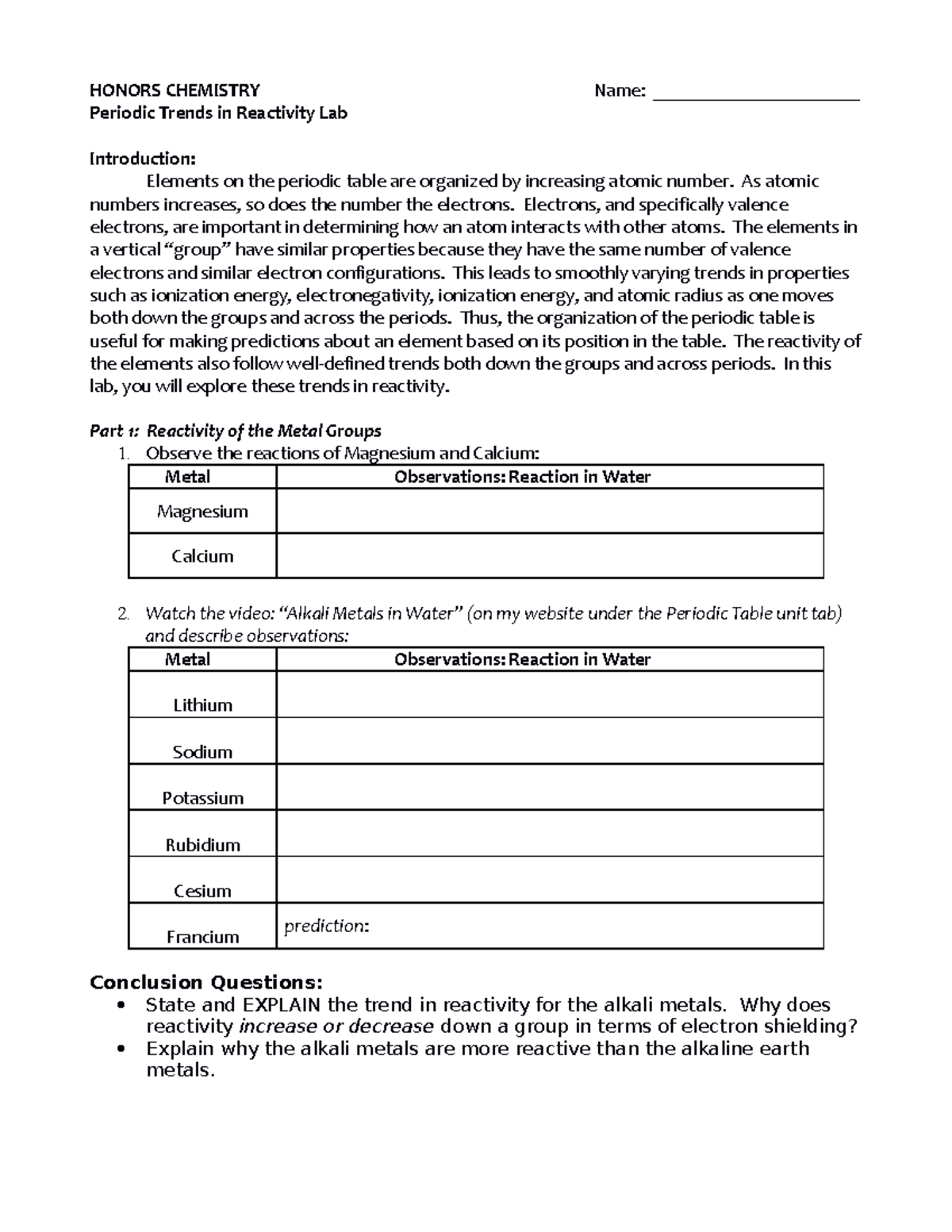 HONORS CHEMISTRY Lab: Periodic Trends in Reactivity Analysis - Studocu
