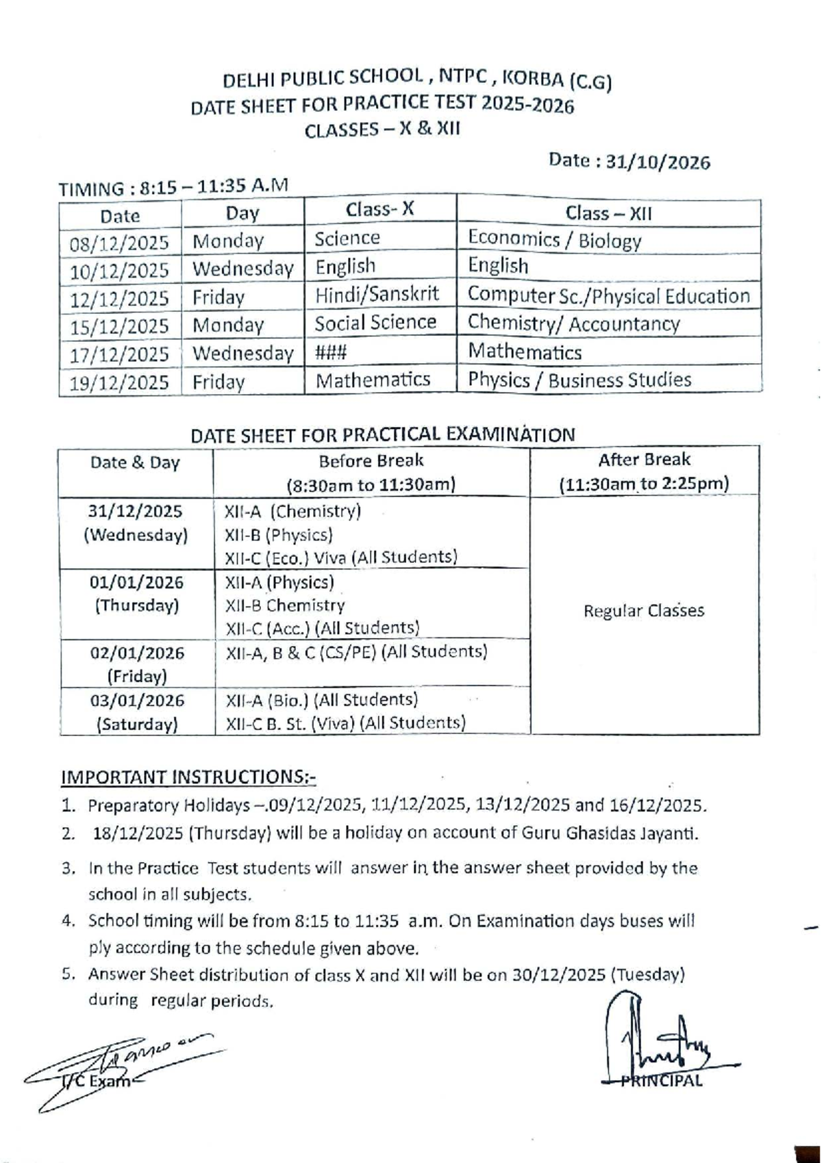 Practice Test & Pre-Board Date Sheet for Classes X & XII - Studocu