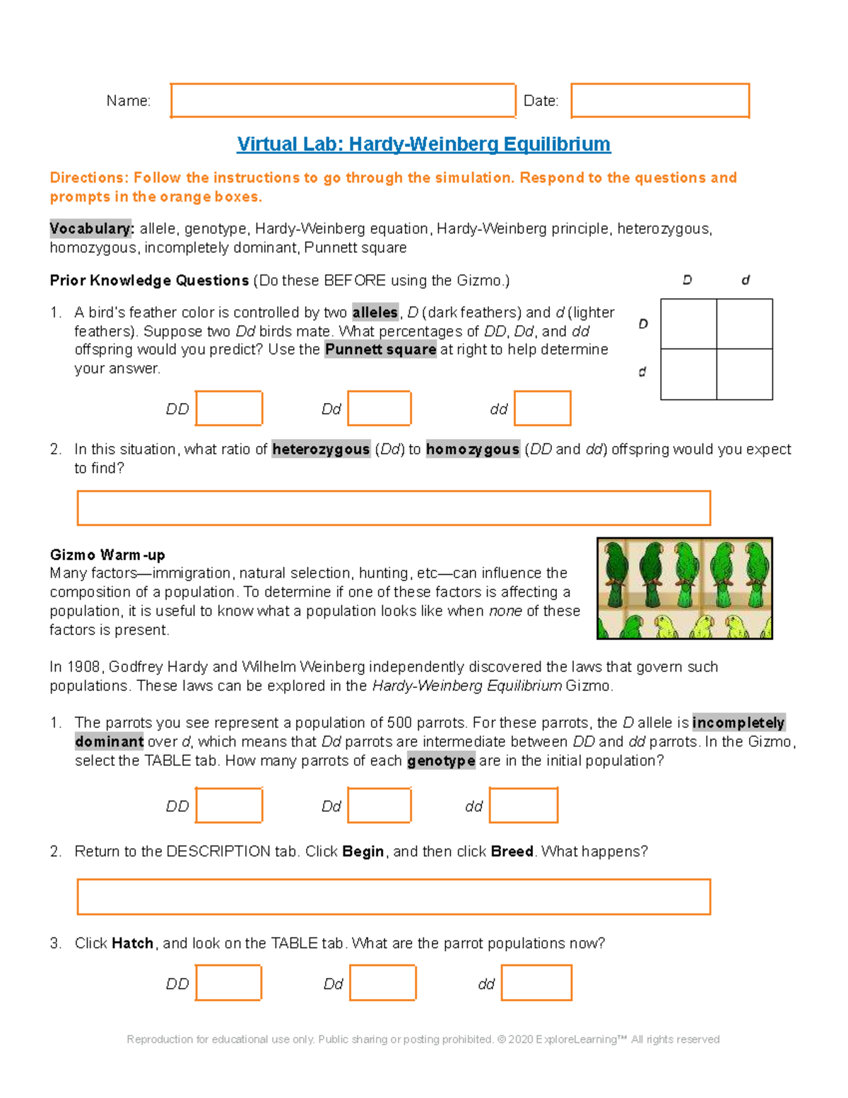 Gizmos Virtual Lab Hardy-Weinberg Equilibrium - Name: Date: Virtual Lab ...