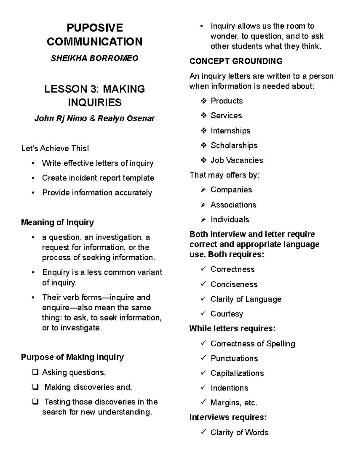 PUPOSIVE COMMUNICATION: Inquiry Letter Writing Guide (Lesson 3) - Studocu