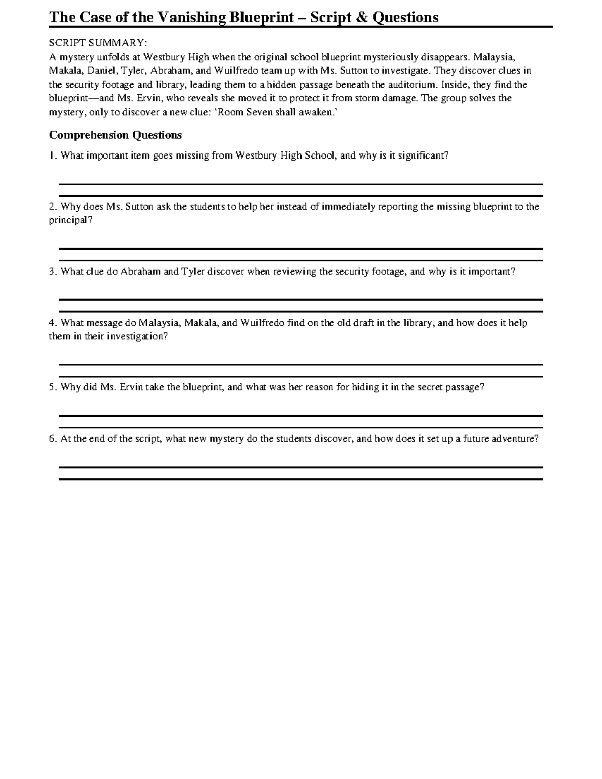 Westbury High Mystery: The Vanishing Blueprint Script Q&A - Studocu