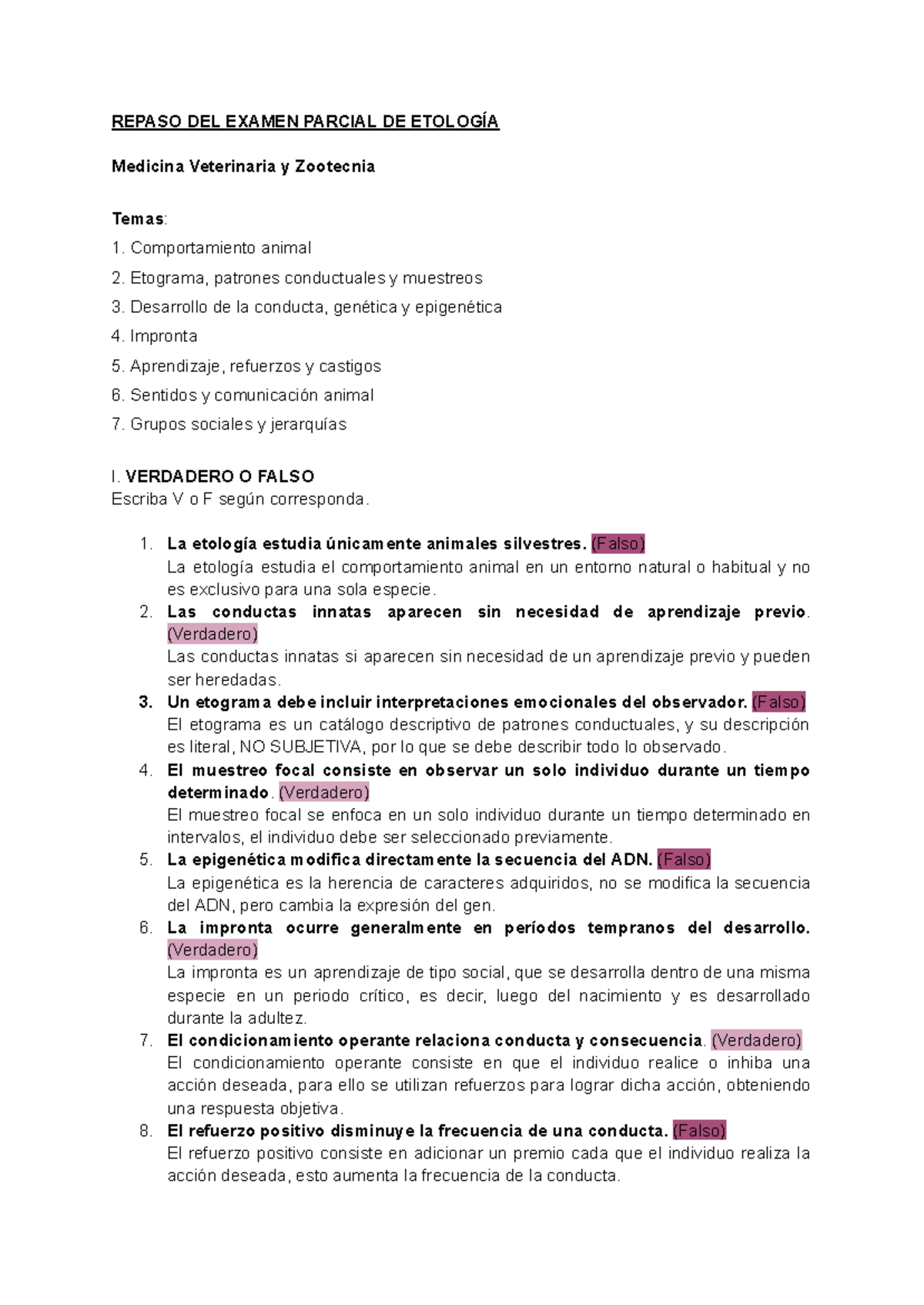 Repaso del Examen Parcial de ETOLOGÍA - Medicina Veterinaria - Studocu