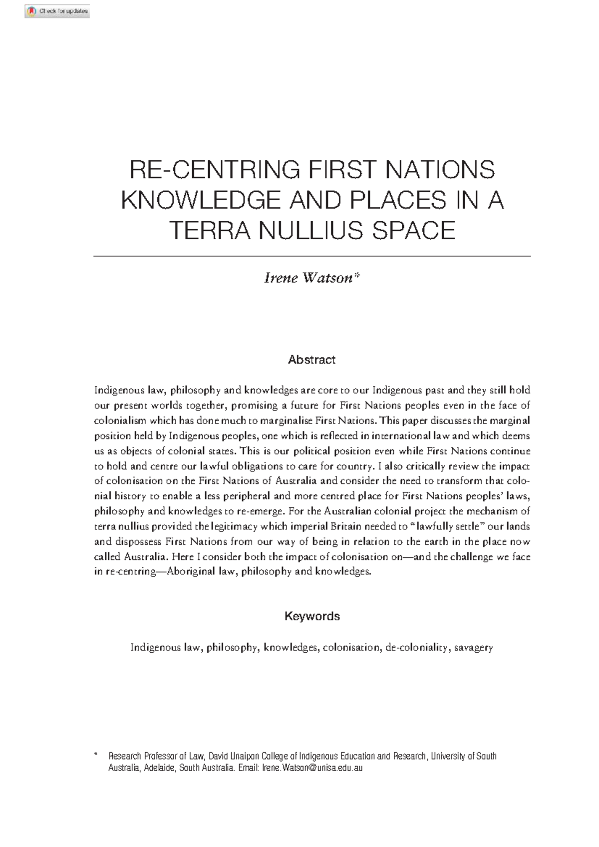 Re-Centering First Nations Knowledge and Places in a Terra Nullius ...