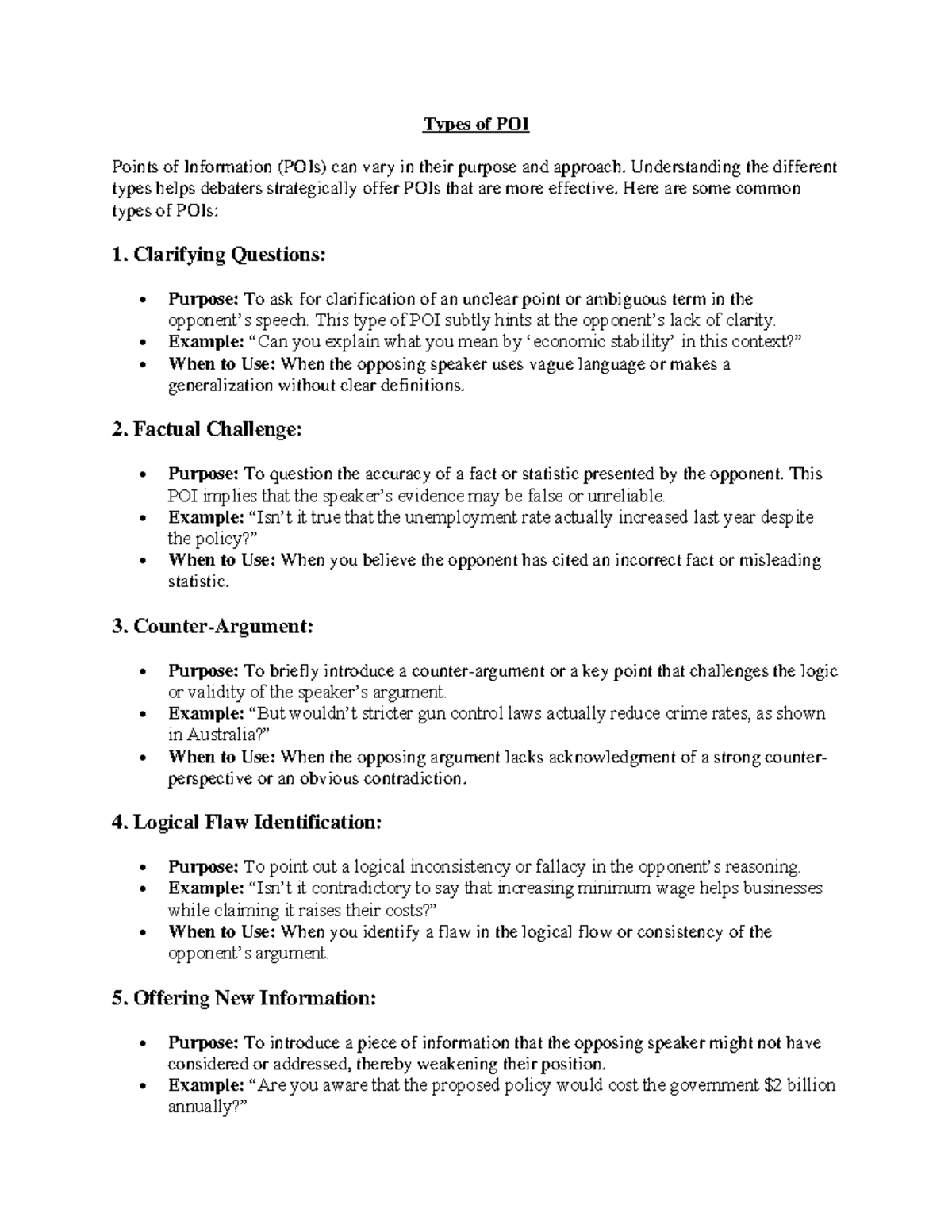 Types of POIs: Effective Strategies for Debaters - Studocu