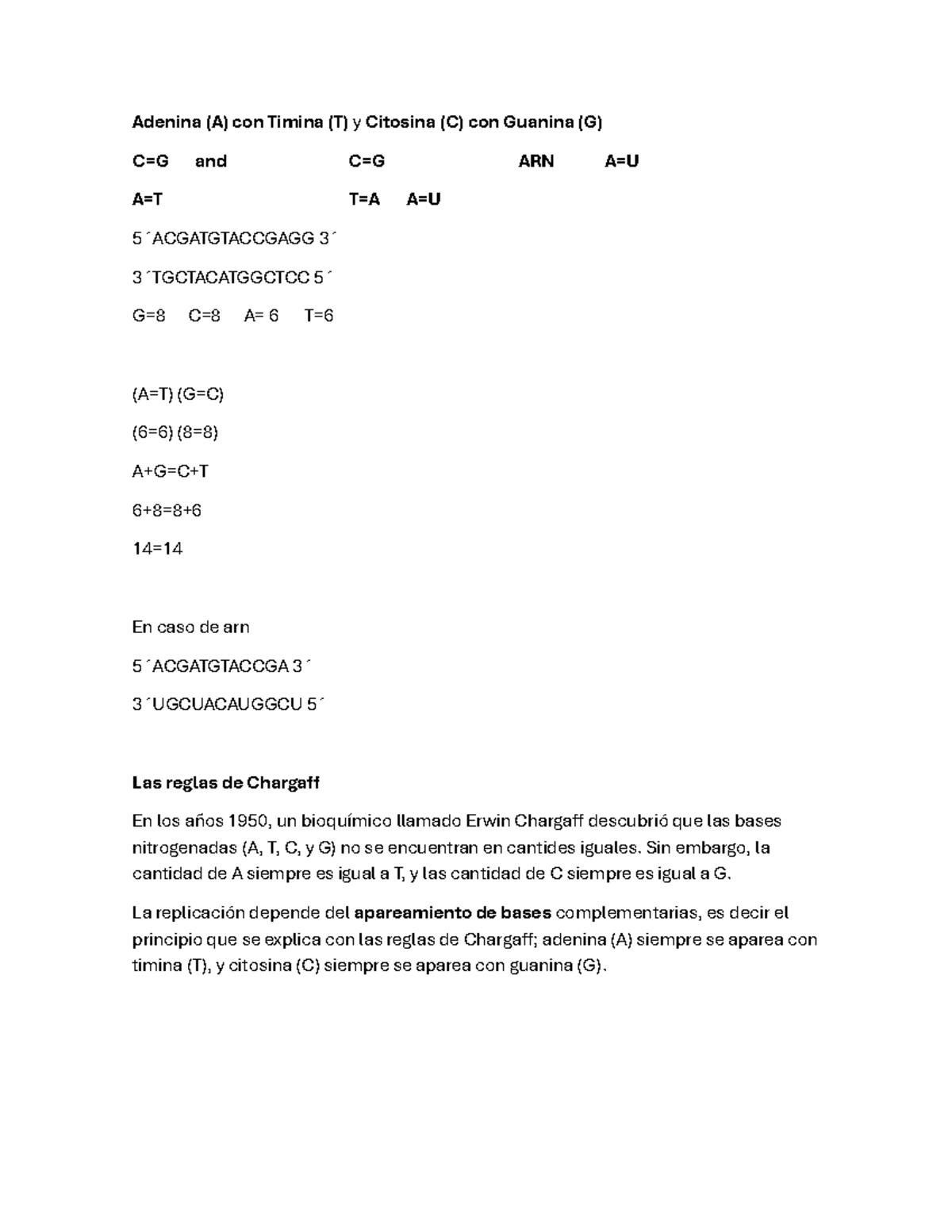 Reglas de Chargaff y Apareamiento de Bases en ADN - Ejercicio - Studocu