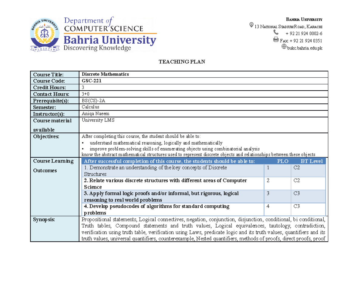 Discrete Mathematics Teaching Plan GSC- S22 - Studocu