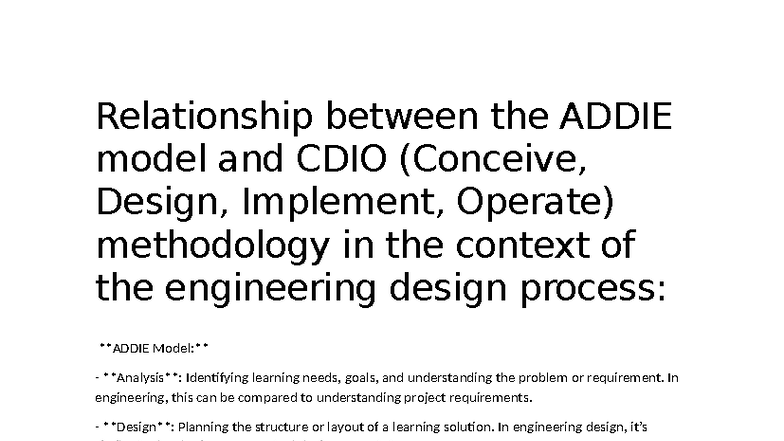 ADDIE vs. CDIO: Engineering Design Process Insights - Studocu