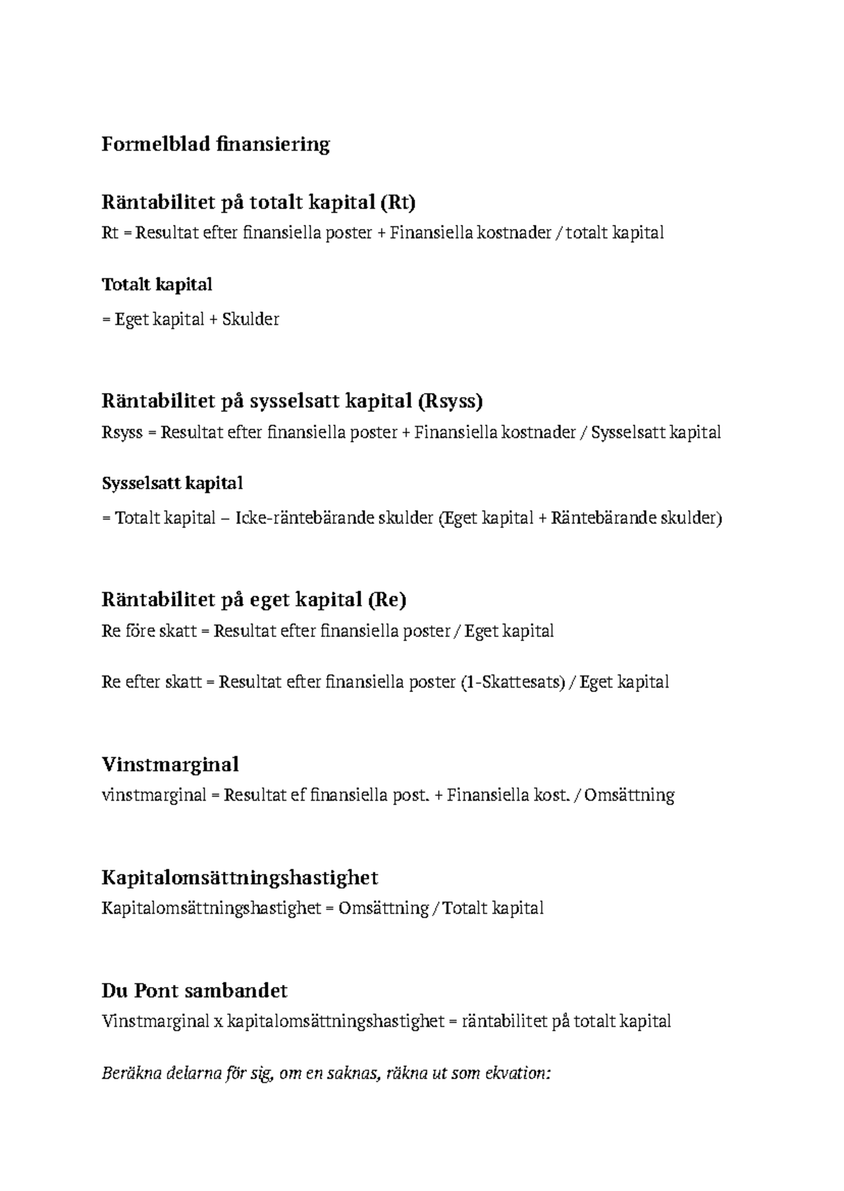 Finansieringsformler och beräkningar: Formelblad för ekonomi - Studocu