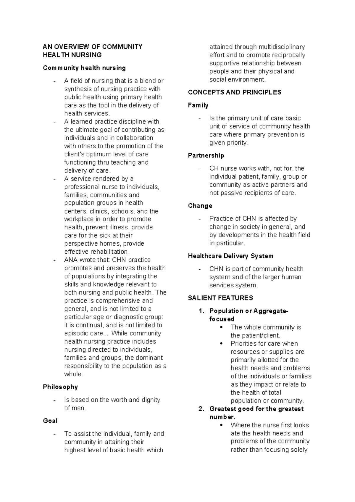 AN Overview of Community Health Nursing CHN 101 - Studocu