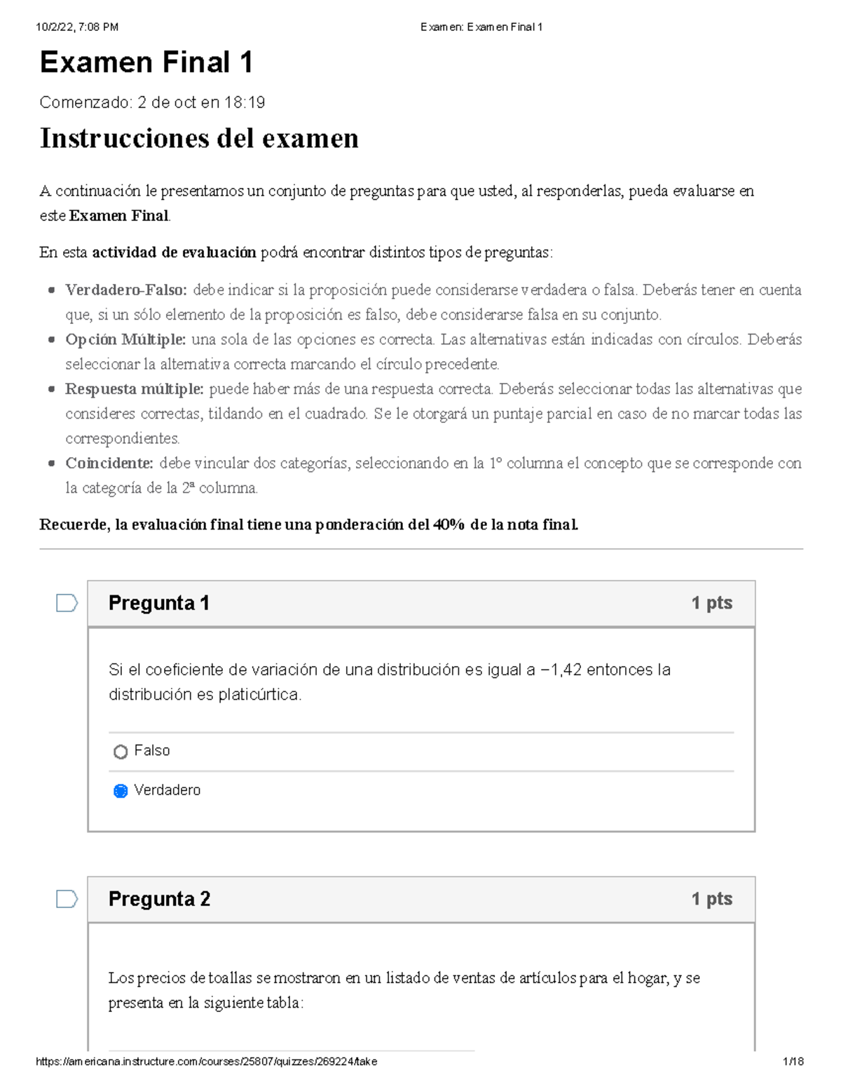 Examen Final 1 - Estadística: Guía de Preguntas y Respuestas - Studocu