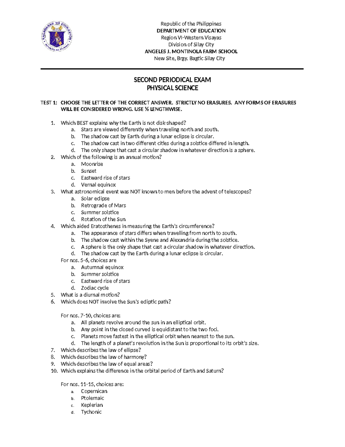 PS-EXAM-2ND: Periodical Exam in Physical Science - Studocu