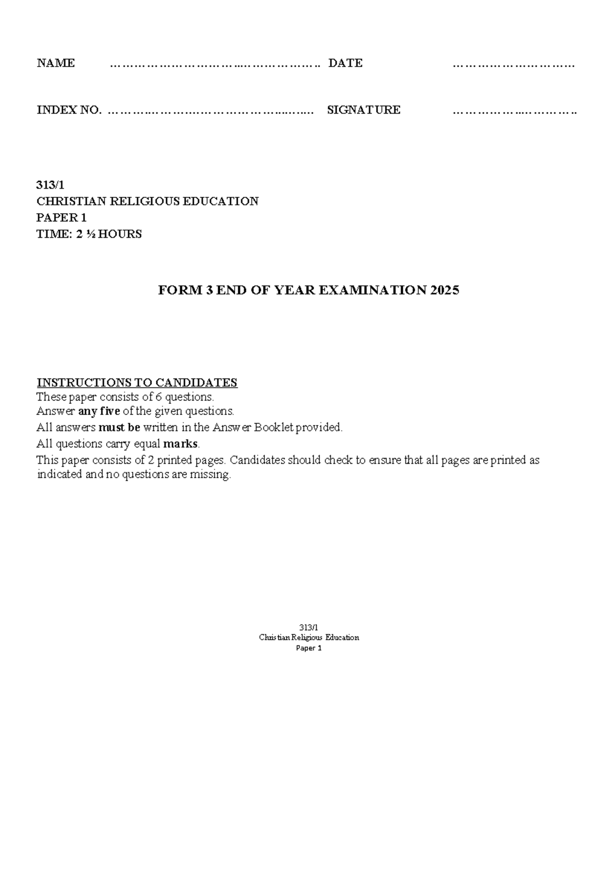 CRE Paper 1 End of Year Exam Questions - Form 3 2025 - Studocu