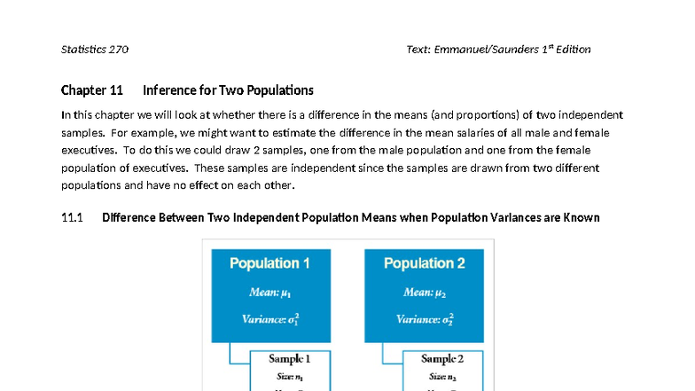 Statistics 270 Chapter 11: Inference for Two Populations Notes - Studocu
