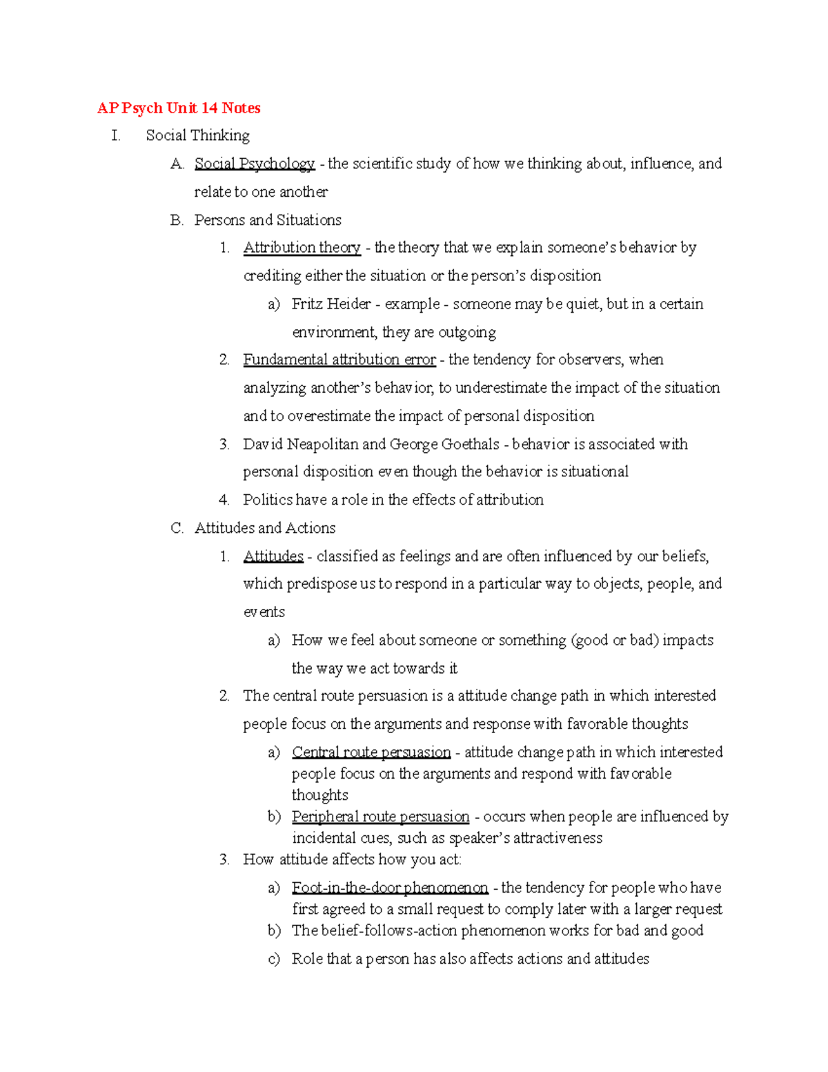 AP Psych Unit 14: Social Thinking and Influence Notes - Studocu