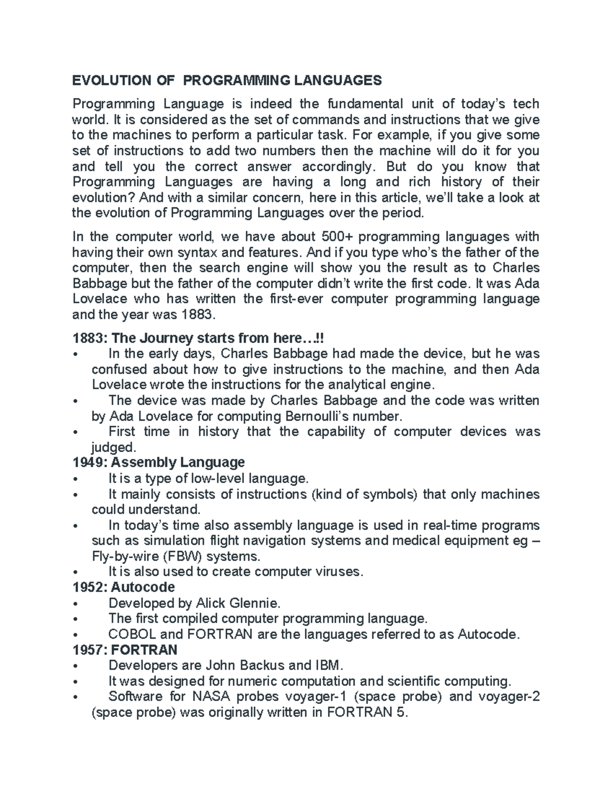 Evolution of Programming Languages: A Historical Overview - Studocu