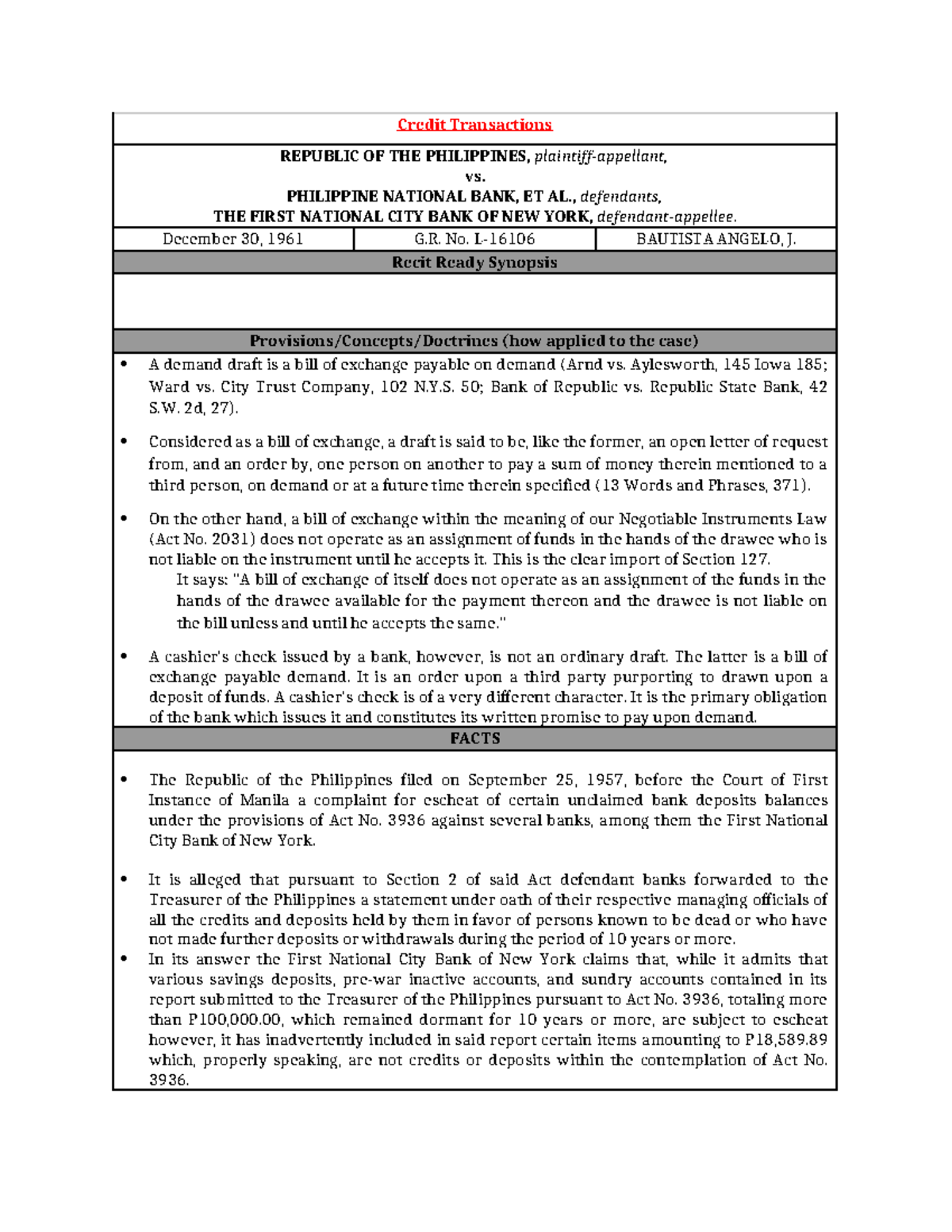 Republic vs. PNB: Demand Drafts and Escheat Law Analysis (G.R. No. L ...