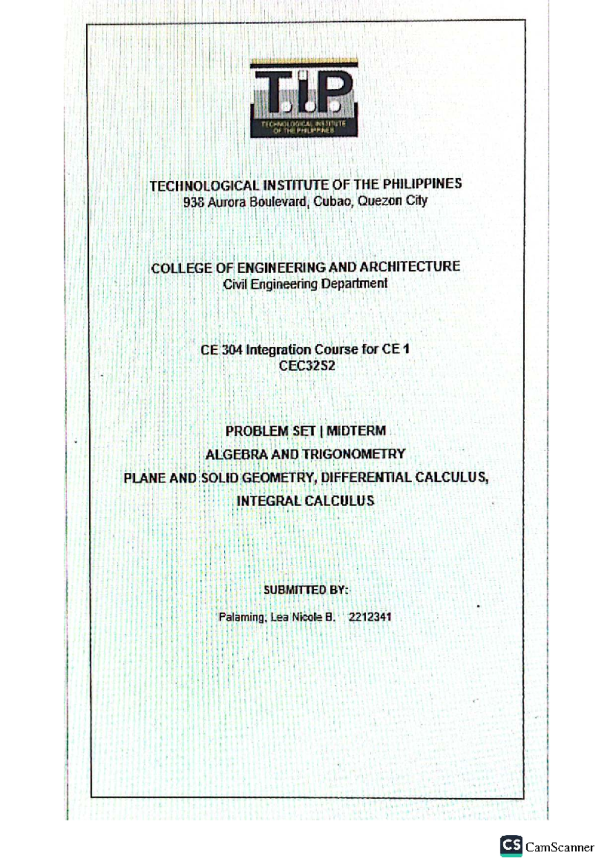 CE 304 Midterm Problem Set: Algebra, Geometry & Calculus - Studocu