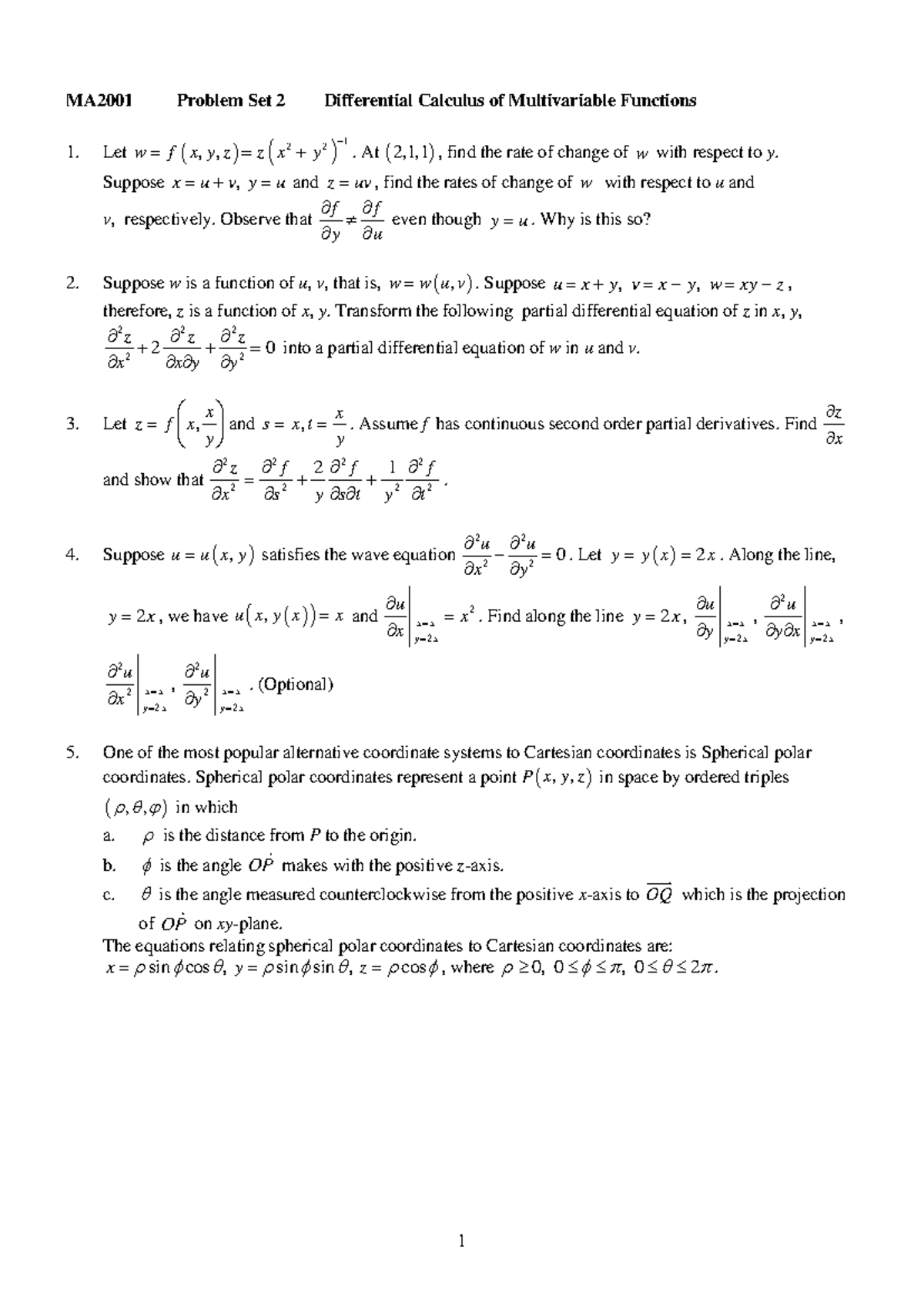 MA2001 Problem Set 2: Differential Calculus of Multivariable Functions ...