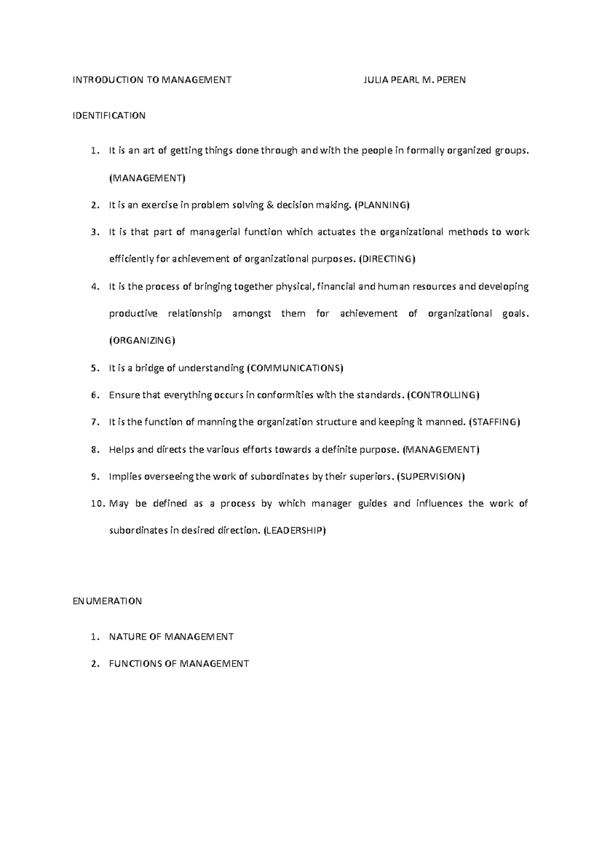 Introduction TO Management Questions - INTRODUCTION TO MANAGEMENT JULIA ...