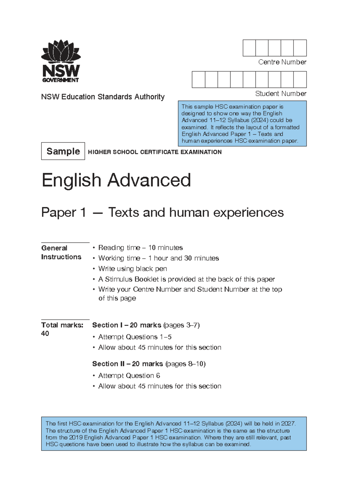 English Advanced HSC 2024 Sample Exam Paper 1: Texts & Human ...