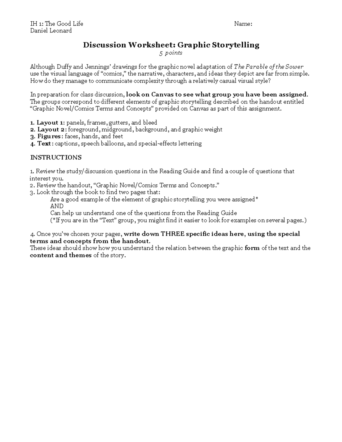 Graphic Storytelling Discussion Worksheet: Parable of the Sower - IH 1 ...