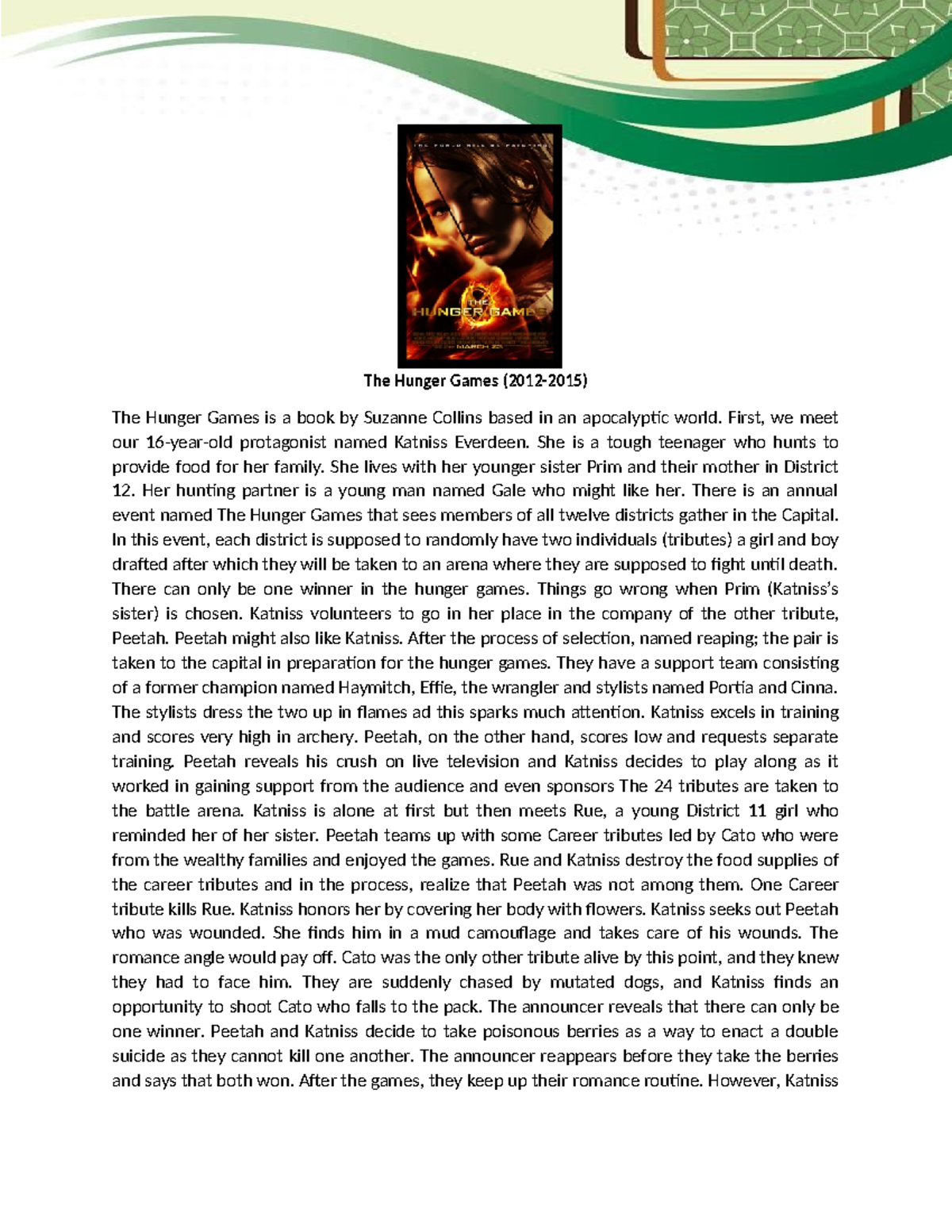 The Hunger Games: Analysis of Key Themes and Characters in MIL - YUP ...