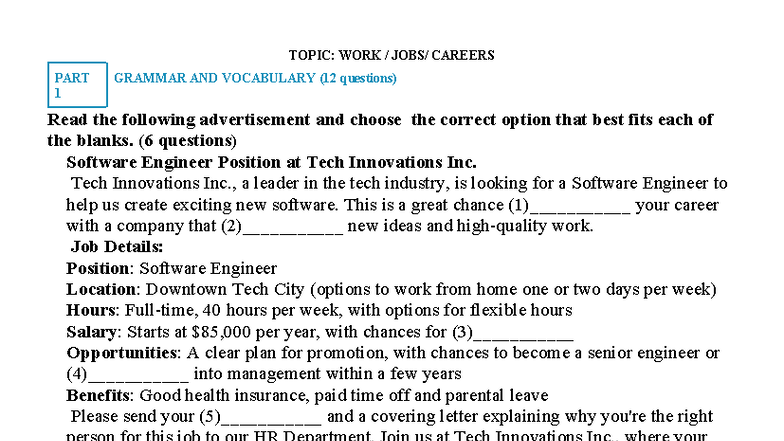 Work Careers Part 1: Grammar & Vocabulary Quiz (12 Questions) - Studocu
