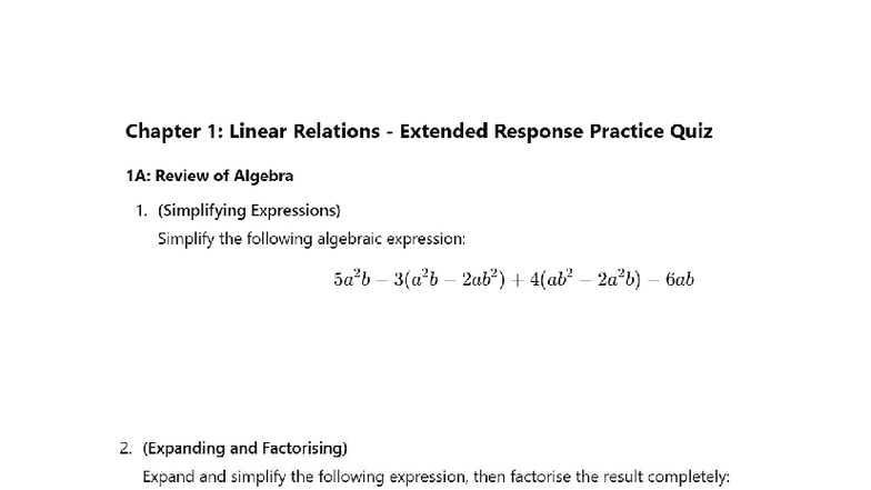 Chapter 1: Linear Relations Quiz 1A - Algebraic Expressions ...