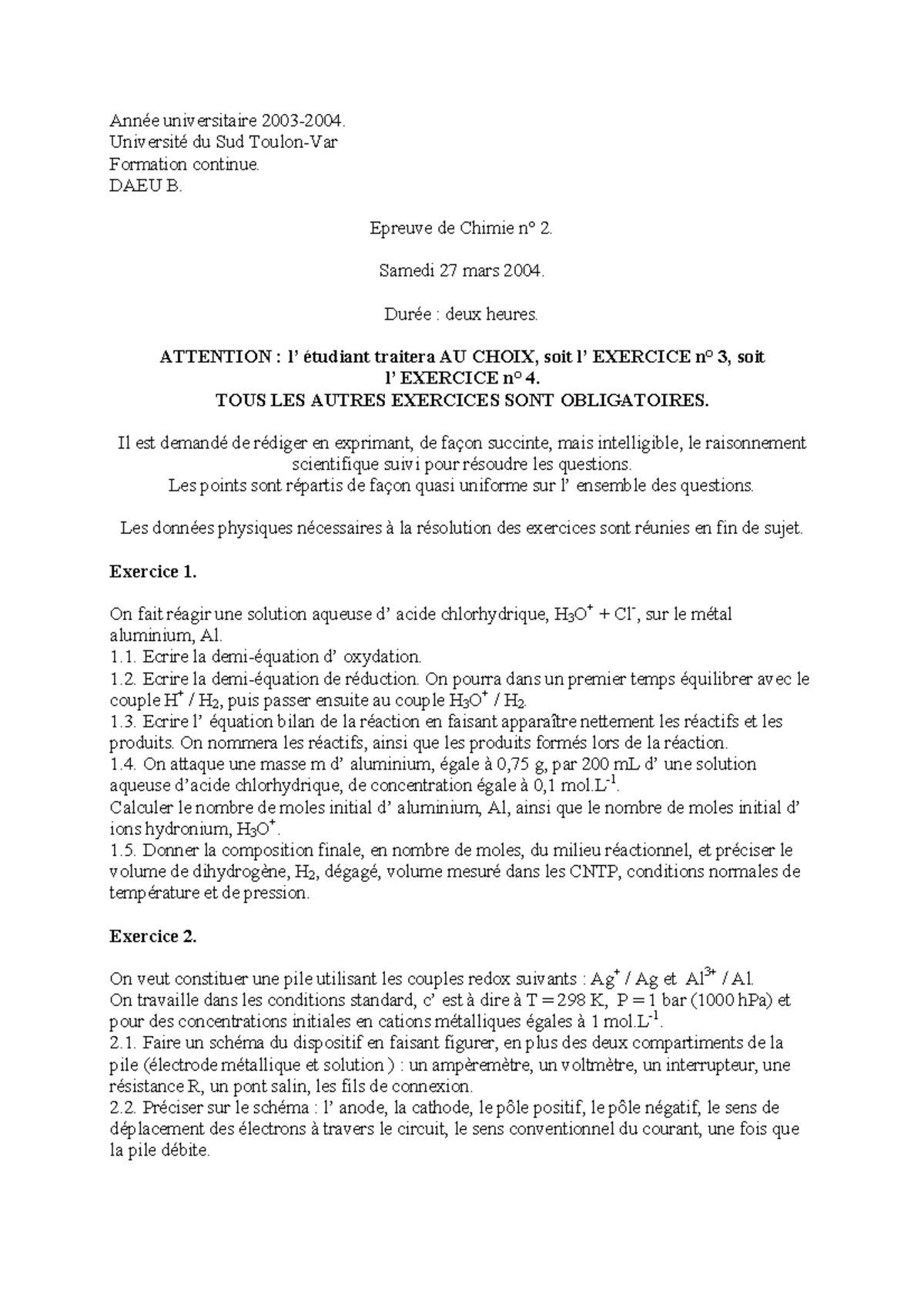 DAEU B - Epreuve de Chimie 2 - Examens Mars 2004 - Studocu