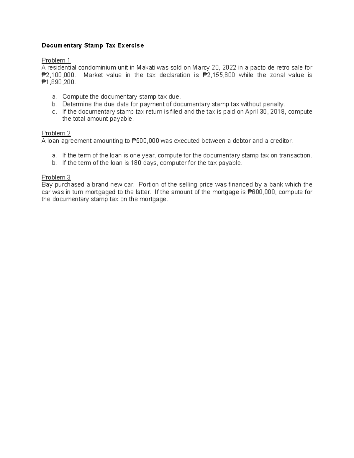 Business Taxation - DST Exercise and Computation Problems - Studocu