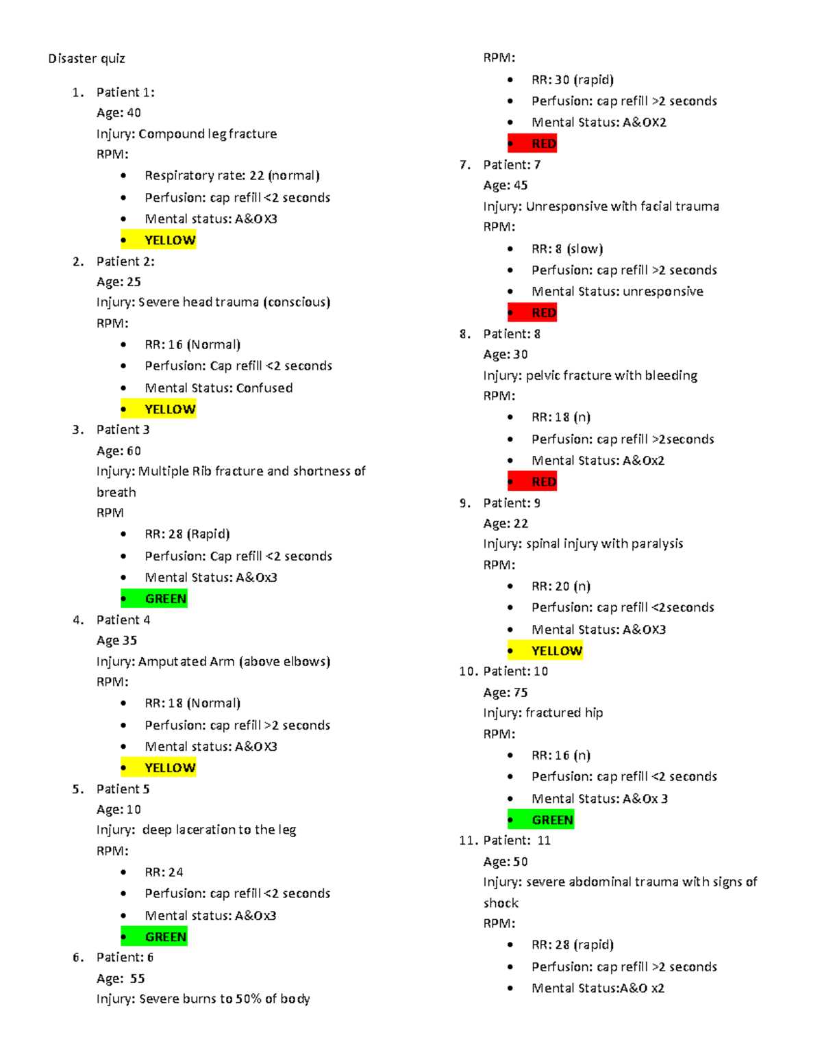 Disaster Management Quiz 1: Patient Assessment and Triage - Studocu