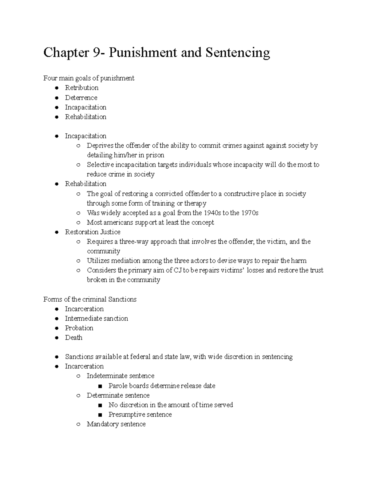 Chapter 9 Notes: Understanding Punishment and Sentencing Methods - Studocu