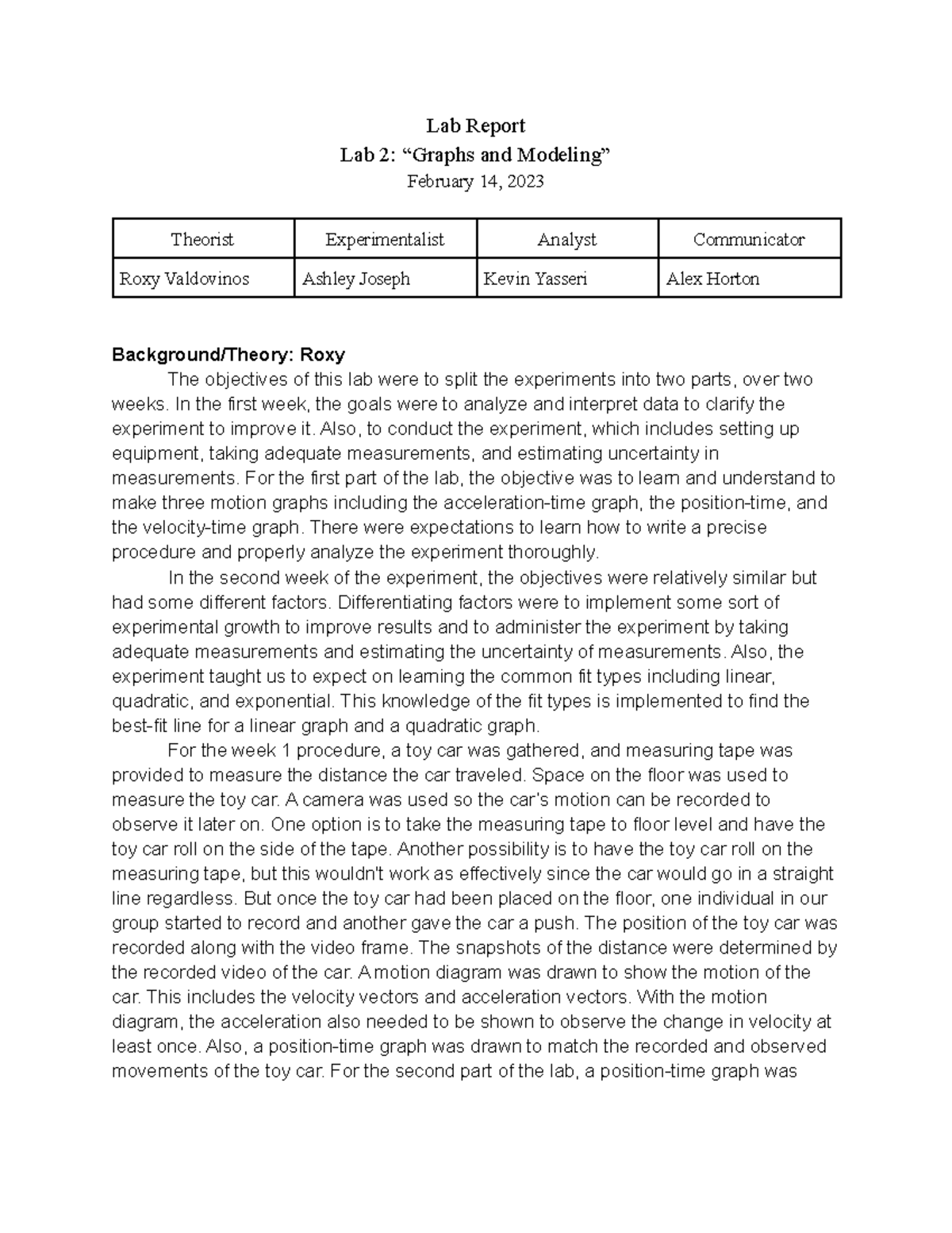 Lab 2 Report: Graphs and Modeling - Physics Lab Section 8 - Studocu