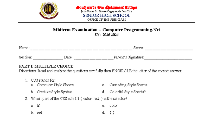 Midterm Exam: Computer Programming (CP101) - CSS Concepts - Studocu