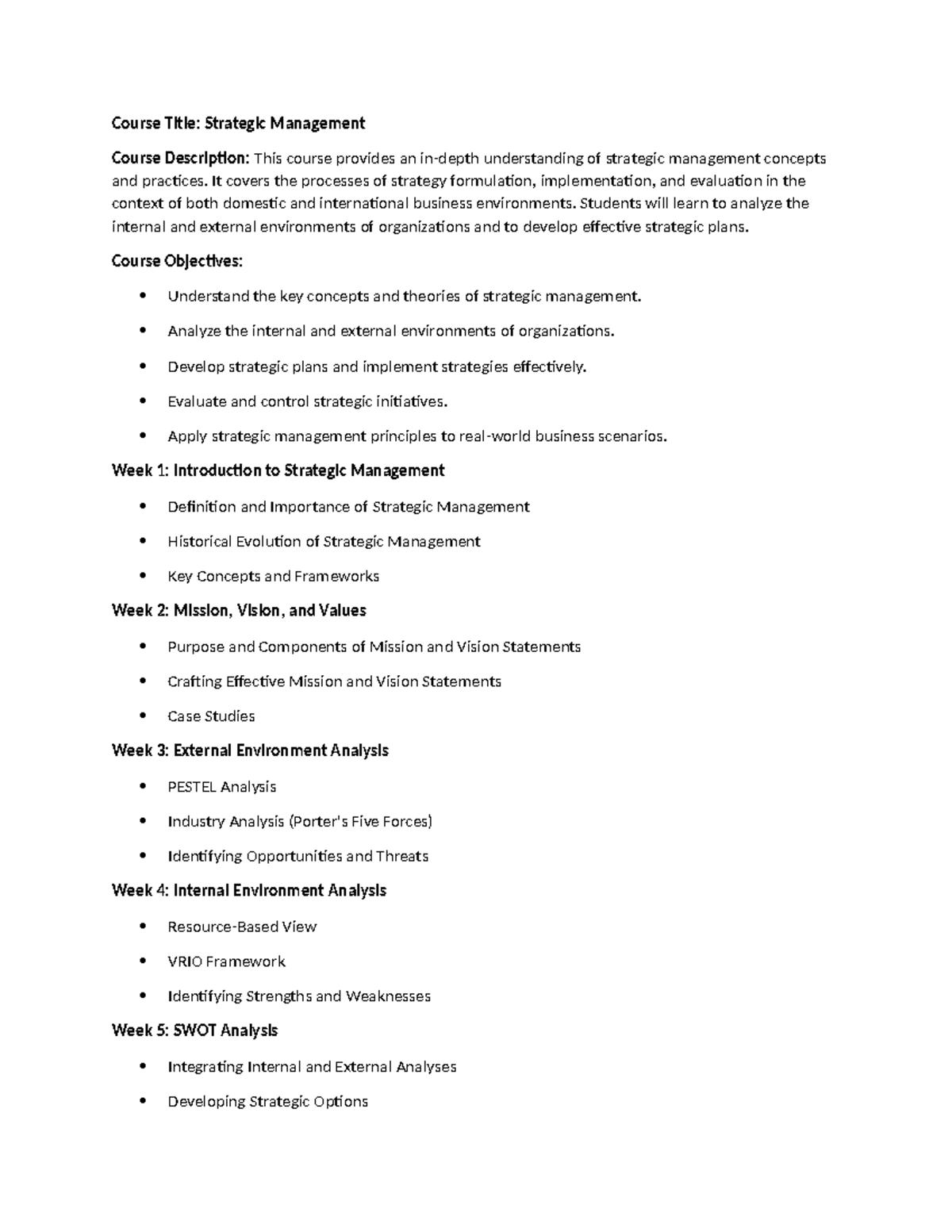 Course Outline ON Strategic Management - Course Title: Strategic ...